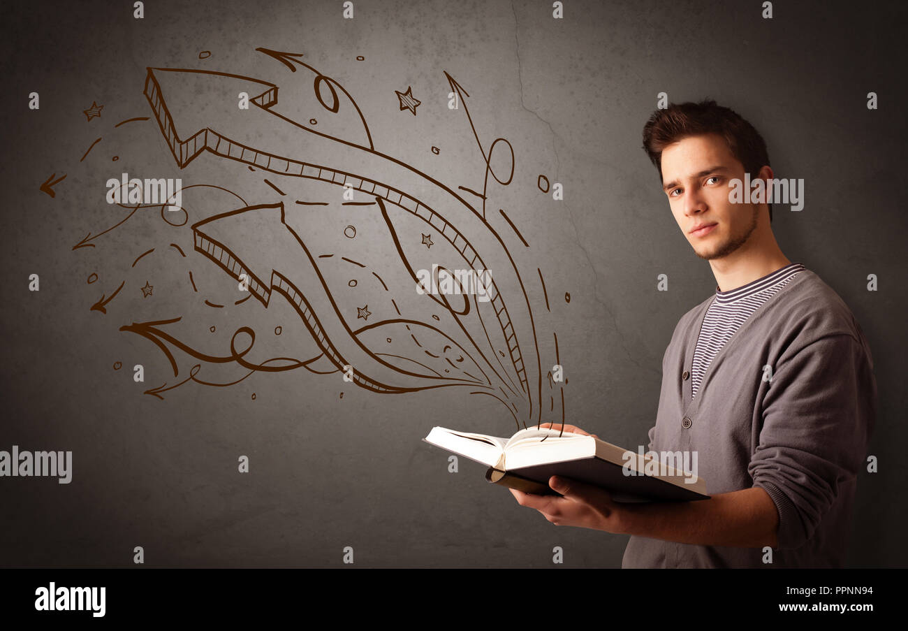 Casual young man holding book with brown arrows and stars flying out of ...