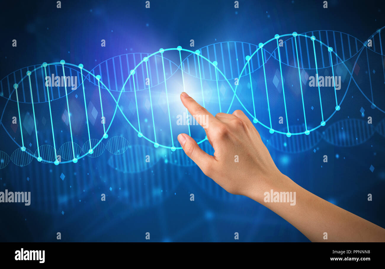 Female hand touching DNA molecule with blue background Stock Photo - Alamy