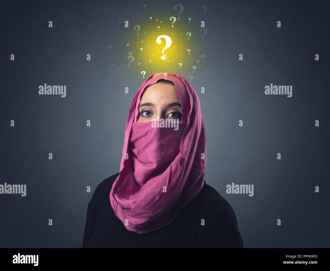 Young muslim woman wearing niqab with yellow question marks above her ...