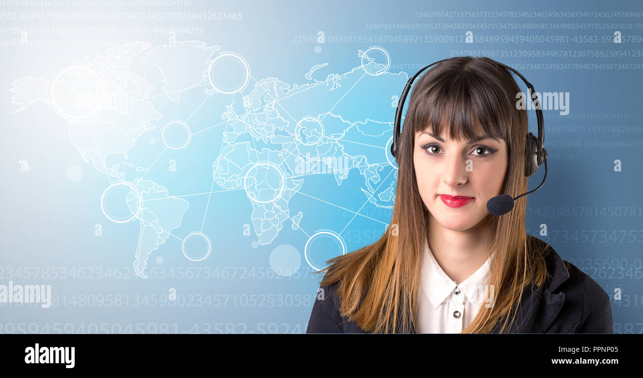 Young female telemarketer with blue background and world map and ...