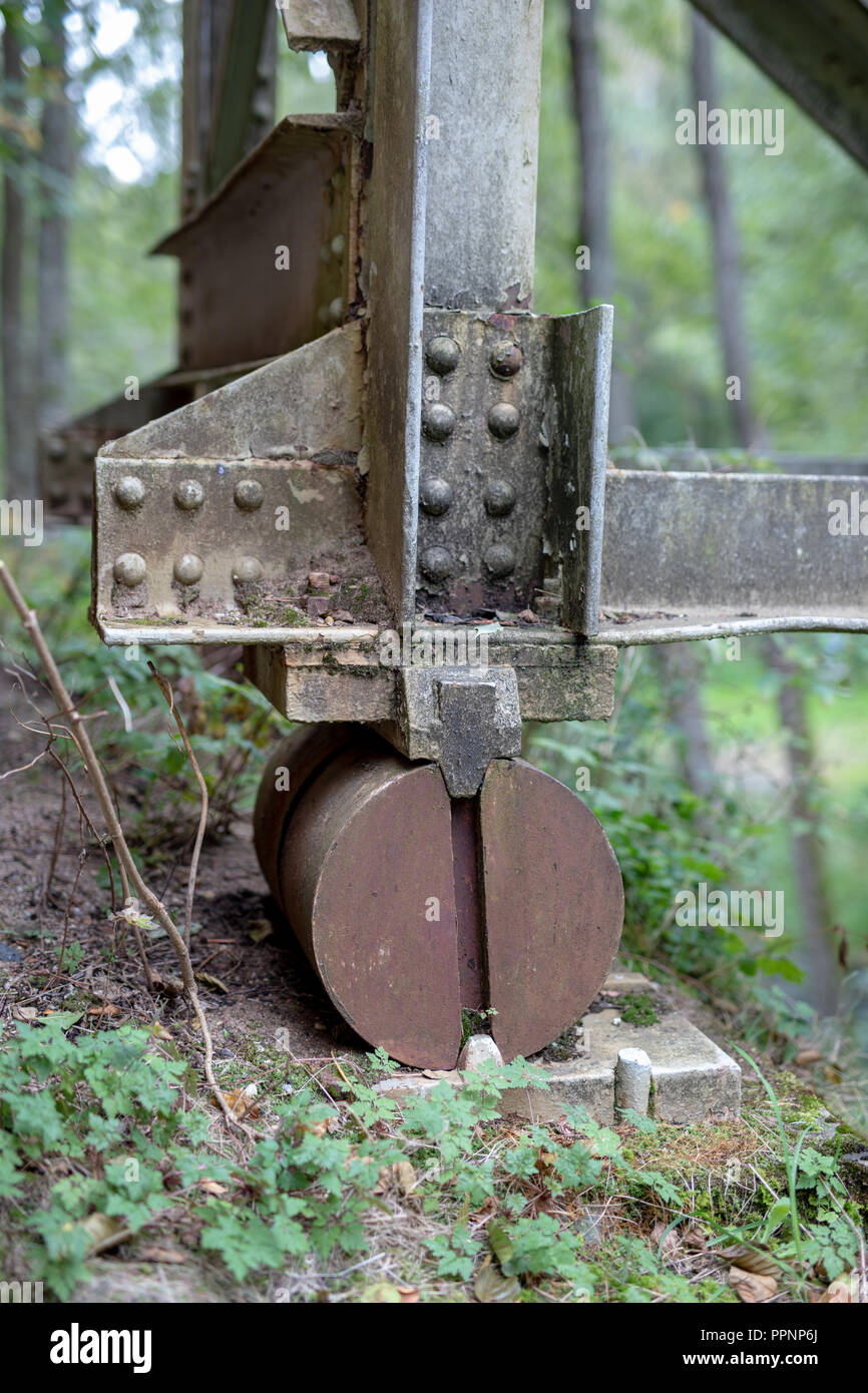The old truss of the railway bridge. Steel construction connected by ...
