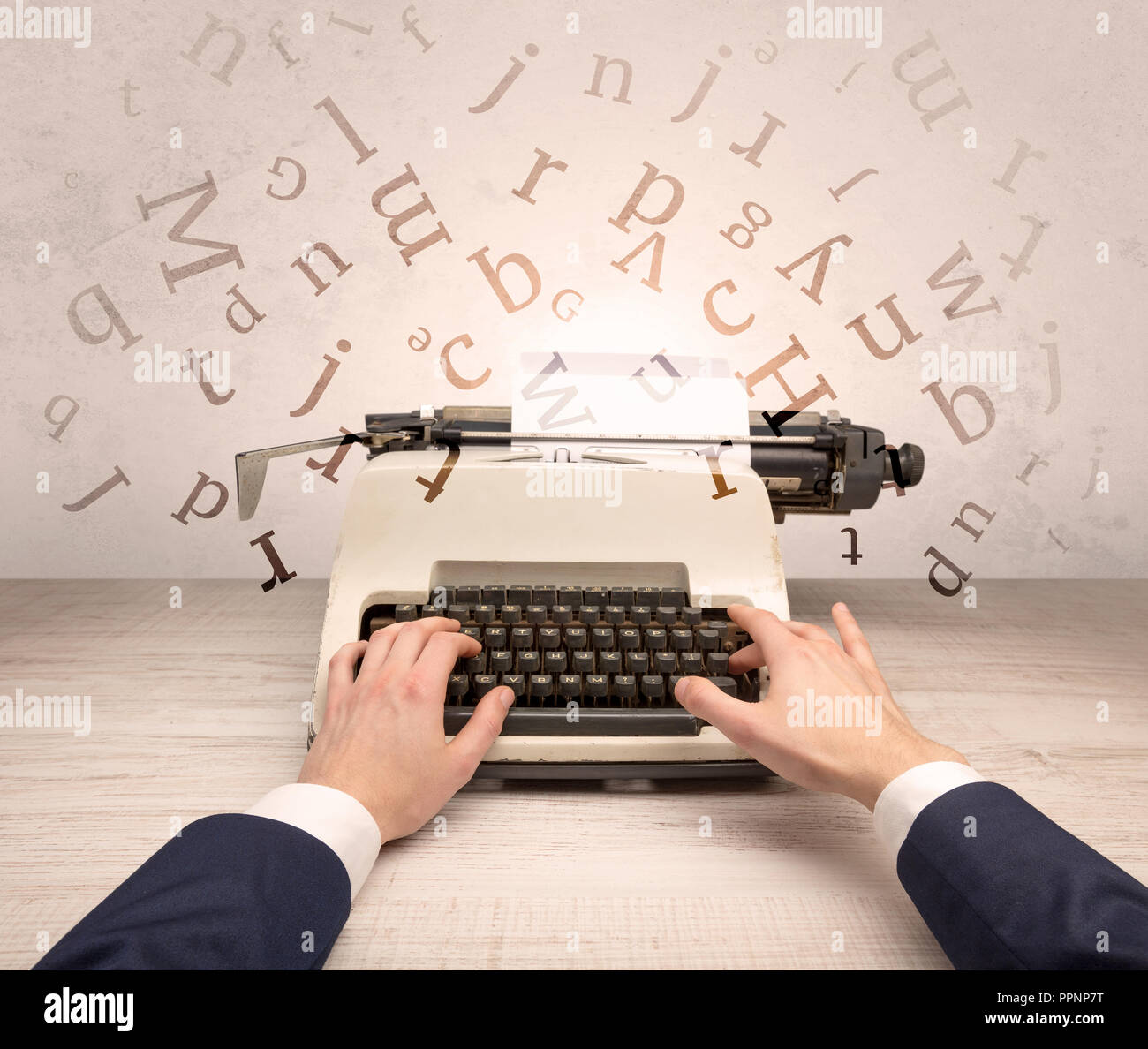 First person perspective elegant hand writing on typewriter with flying ...