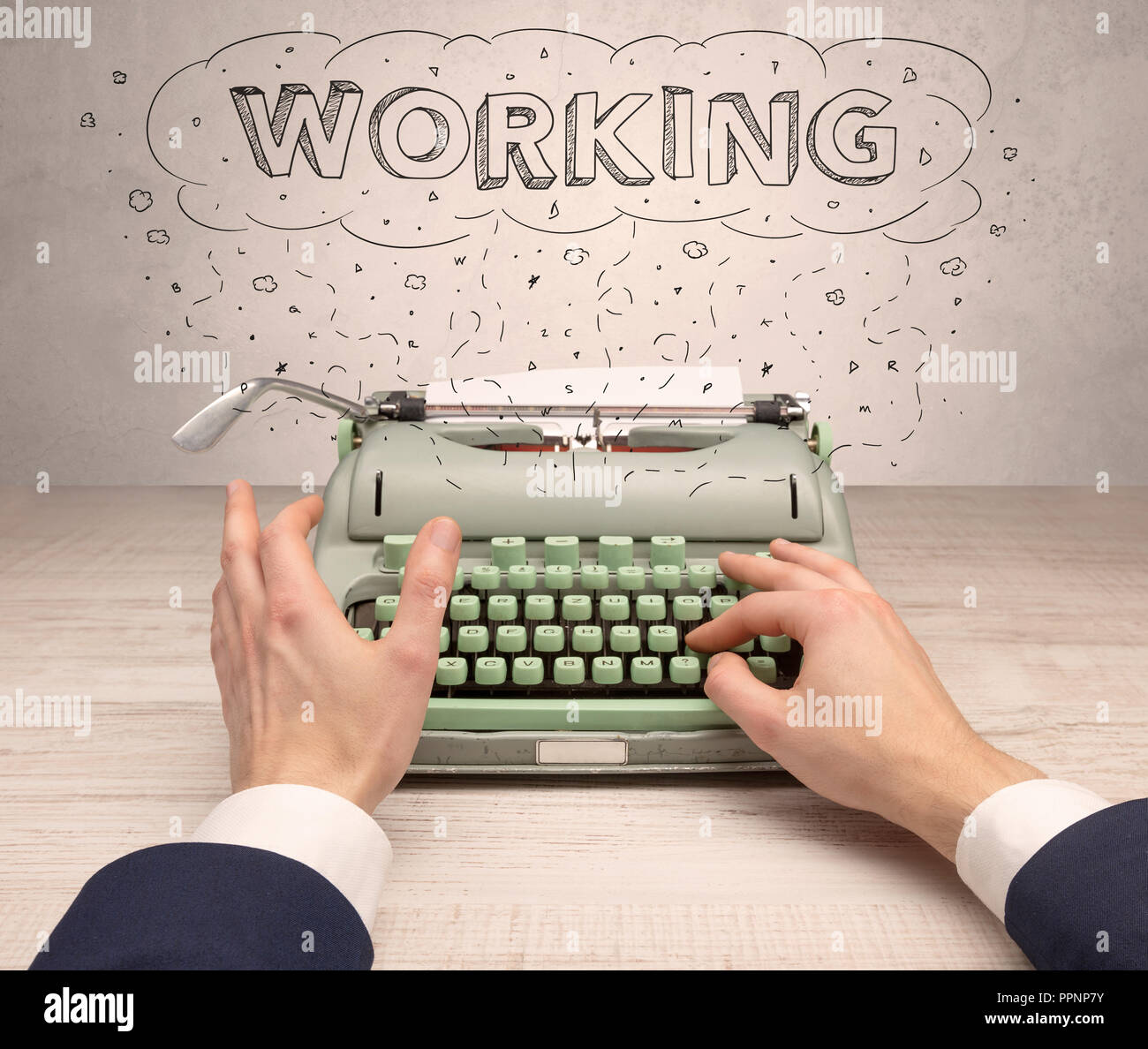 First person perspective hand writing on typewriter with cloud message ...