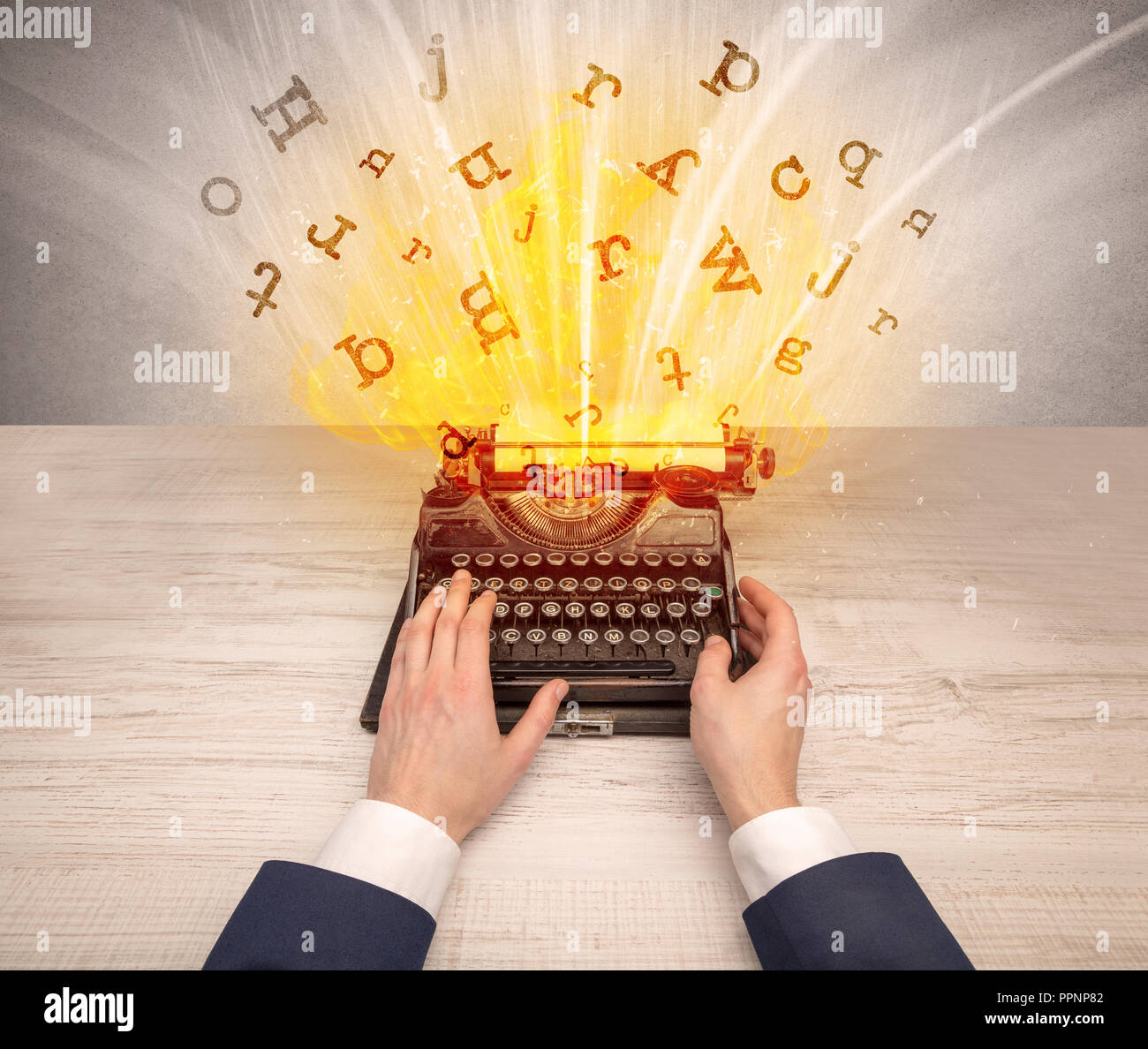 First person perspective image with exploding letters from a vintage ...