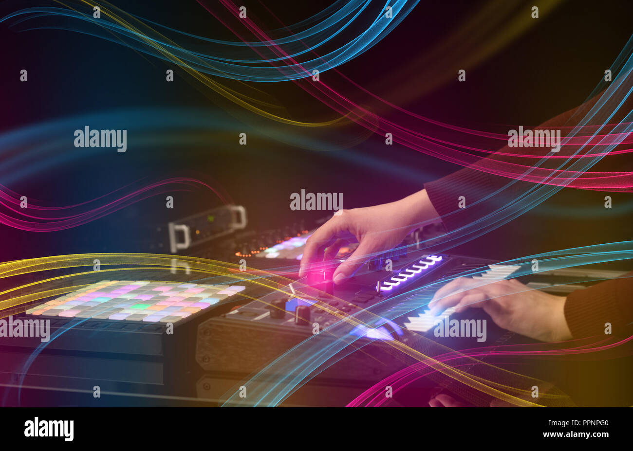 Hand mixing music on dj controller with colorful vibe concept Stock ...