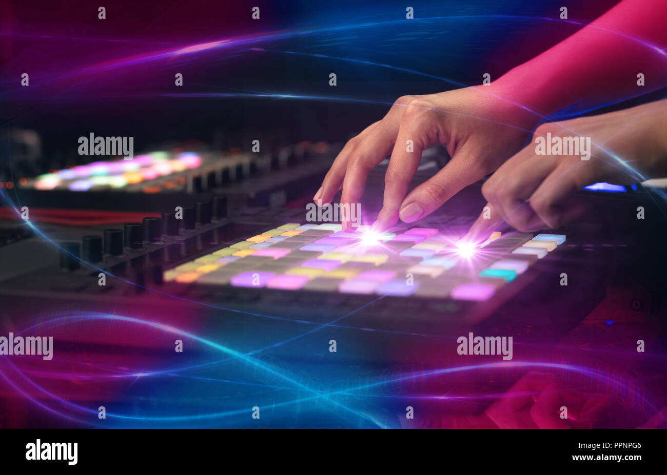 Hand mixing music on dj controller with wave vibe concept Stock Photo ...
