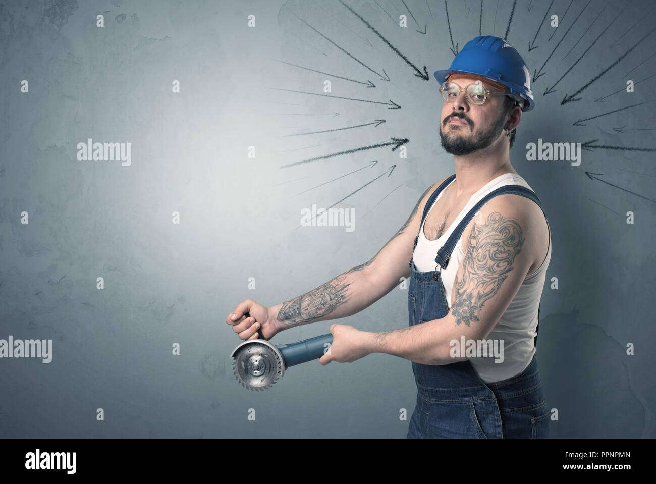 Working man with tools in his hand and arrows above his head Stock ...