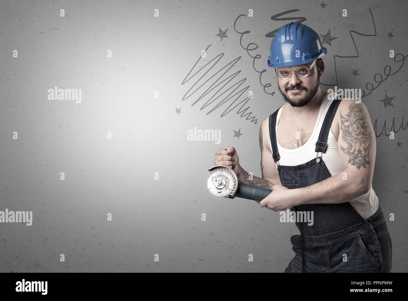 Handyman with tool in his hand and hand drawn lines above Stock Photo ...