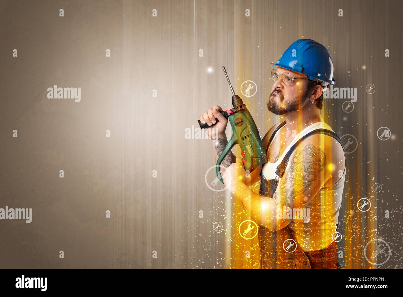 Manual worker with wrench symbols and tool Stock Photo - Alamy