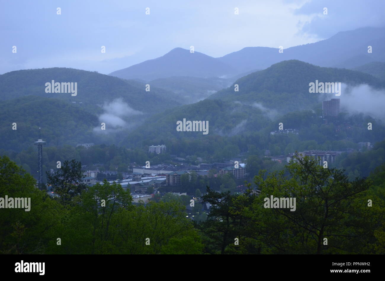 Gatlinburg Tennessee as seen ftrom the overlook in the Great Smokey ...