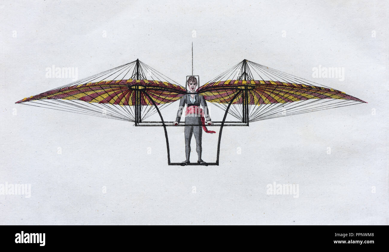 Flying machine by Jacob Degen, hand-colored copper engraving from ...