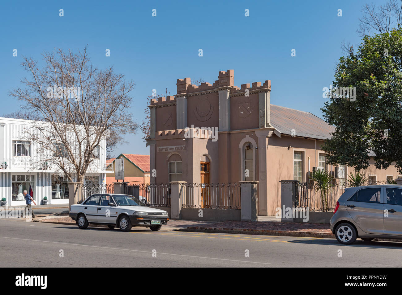 PARYS, SOUTH AFRICA, AUGUST 2, 2018: A street scene, with the Baptist ...