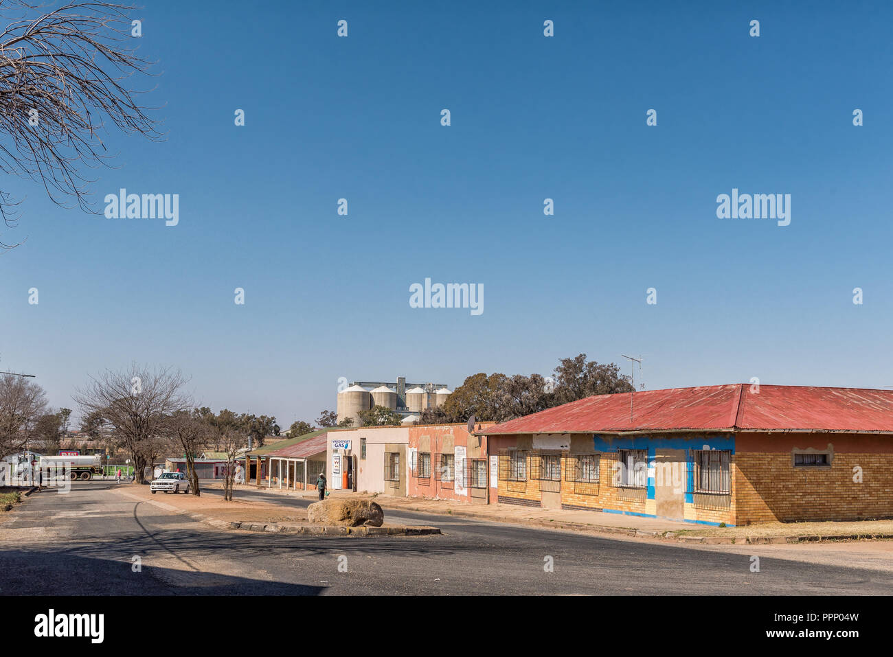 VREDEFORT, SOUTH AFRICA, AUGUST 2, 2018: A street scene with buildings ...