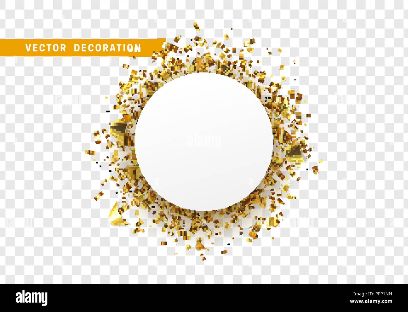 Golden celebration background with confetti gold tinsel. Round white ...