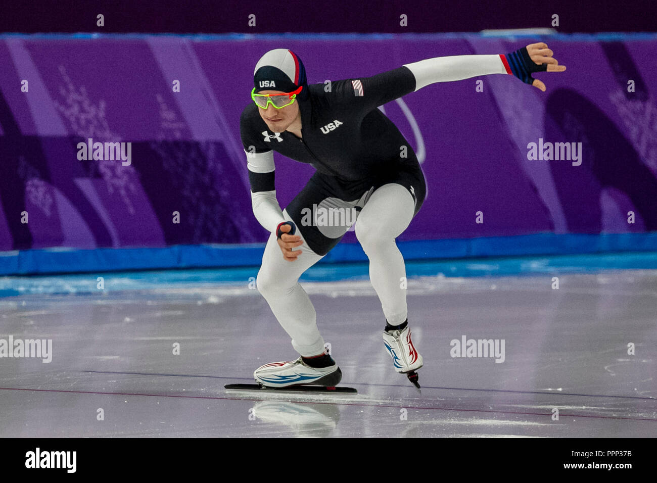 Emery Lehman (USA) competing in the men's 5000m speed skating at the ...
