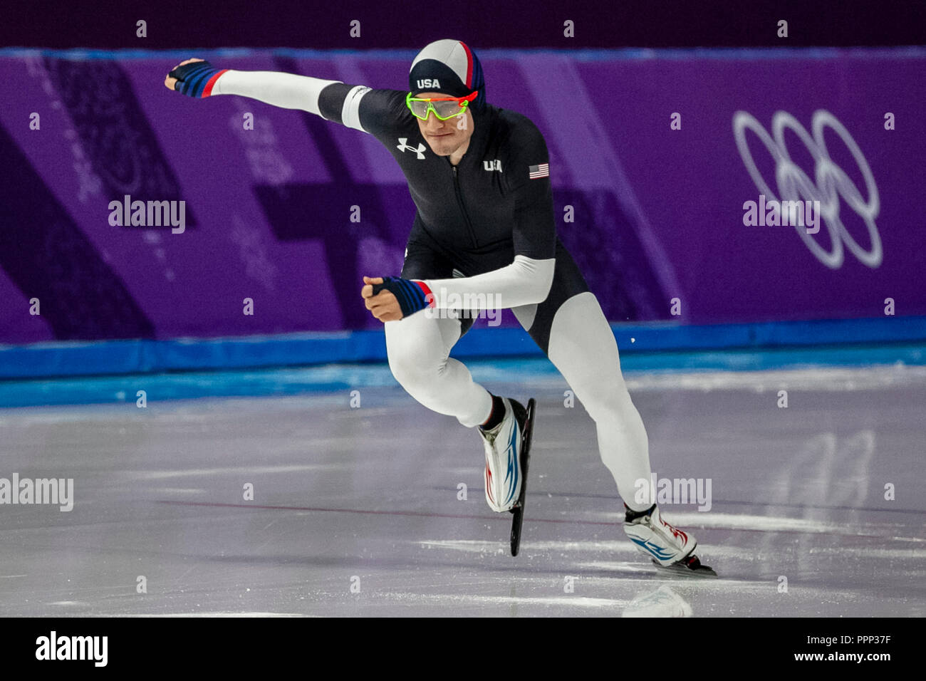 Emery Lehman (USA) competing in the men's 5000m speed skating at the ...
