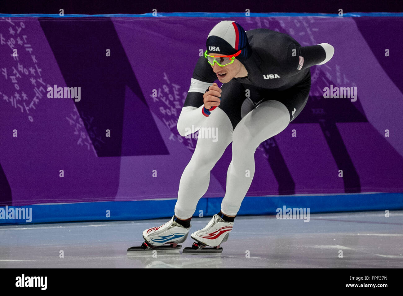 Emery Lehman (USA) competing in the men's 5000m speed skating at the ...
