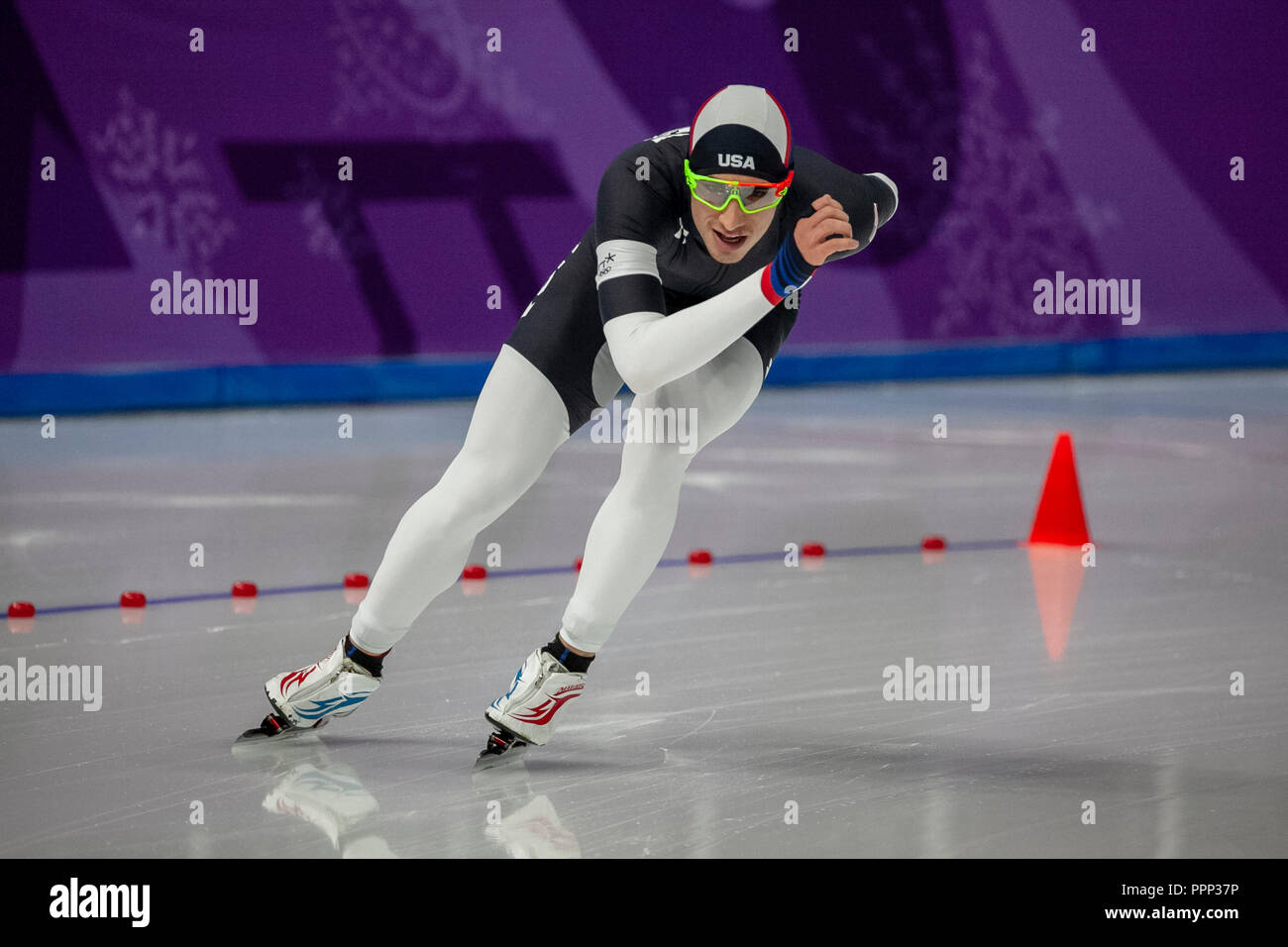Emery Lehman (USA) competing in the men's 5000m speed skating at the ...