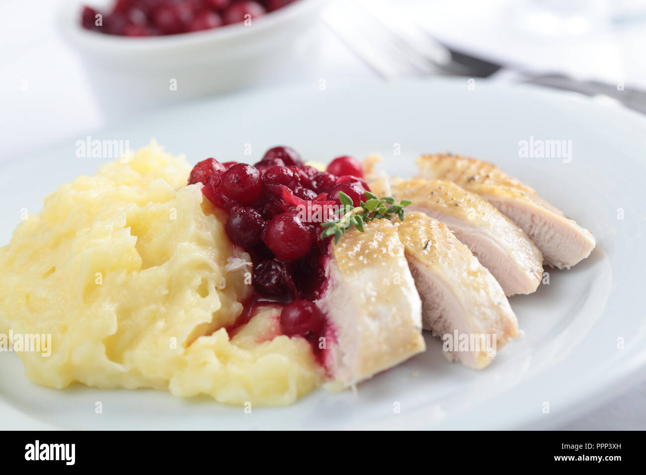 Hazel Grouse meat with mashed potato and cranberry sauce Stock Photo ...