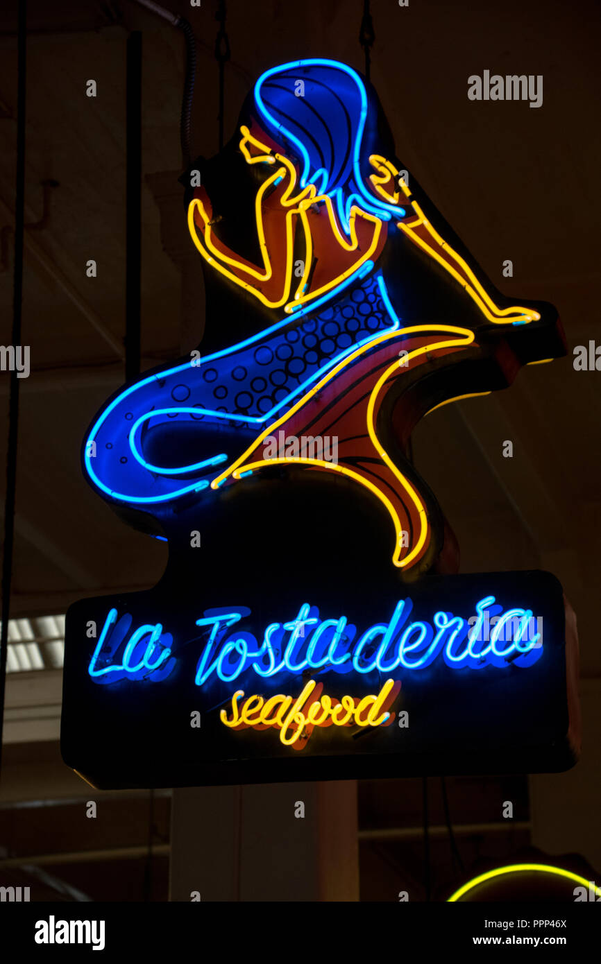 Neon sign for a falafel eatery in the Grand Central Market in downtown ...