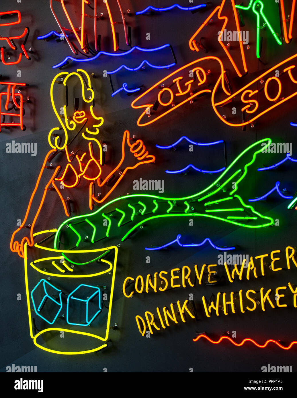 Details of the Bulleit Frontier Whiskey neon sign in the Grand Central ...