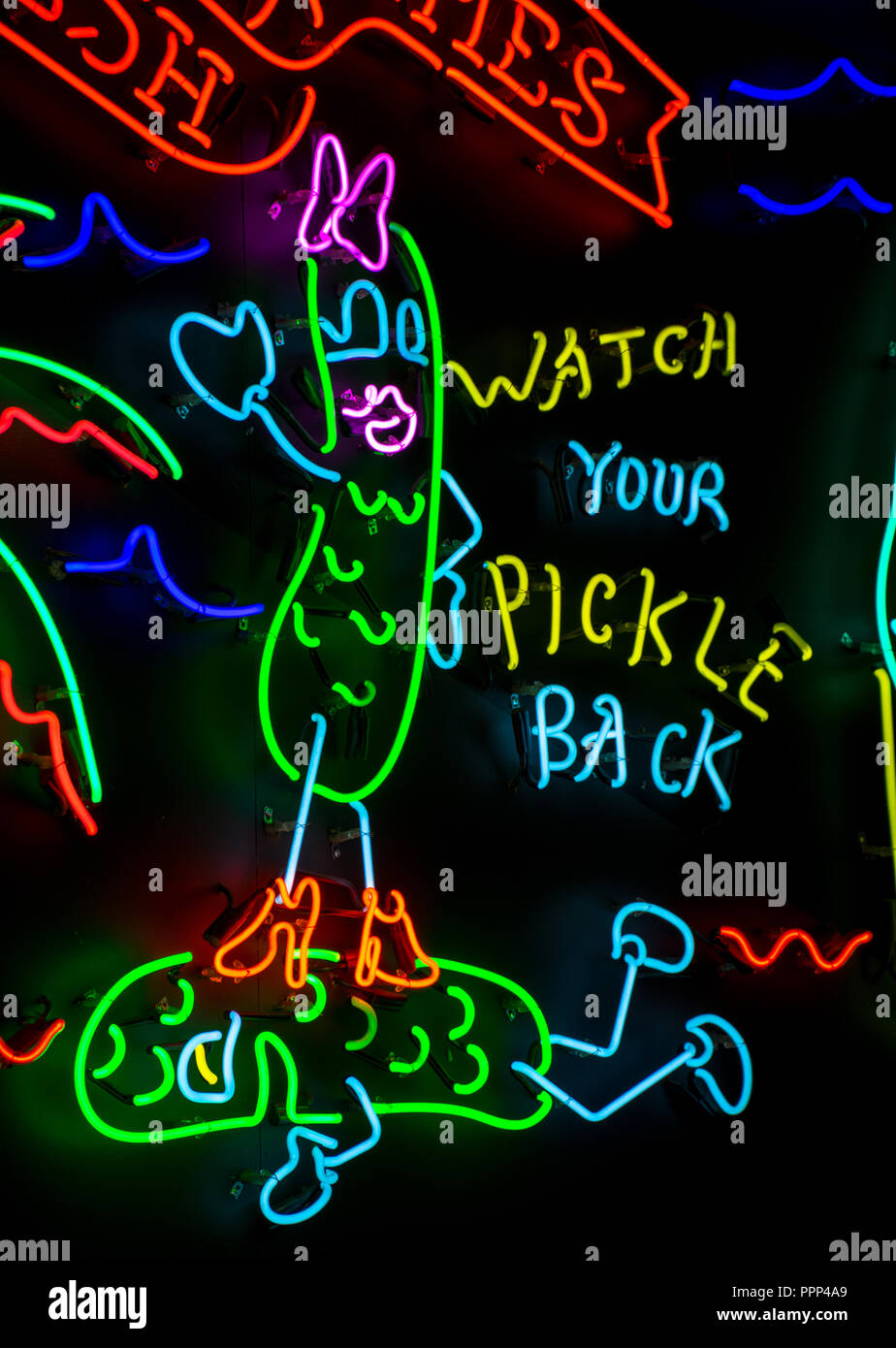 Details of the Bulleit Frontier Whiskey neon sign in the Grand Central ...