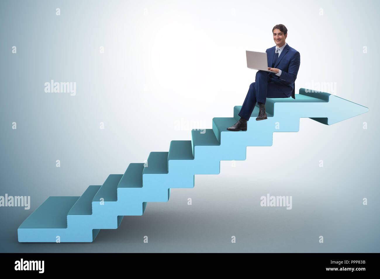 Businessman in career ladder concept working on laptop Stock Photo - Alamy