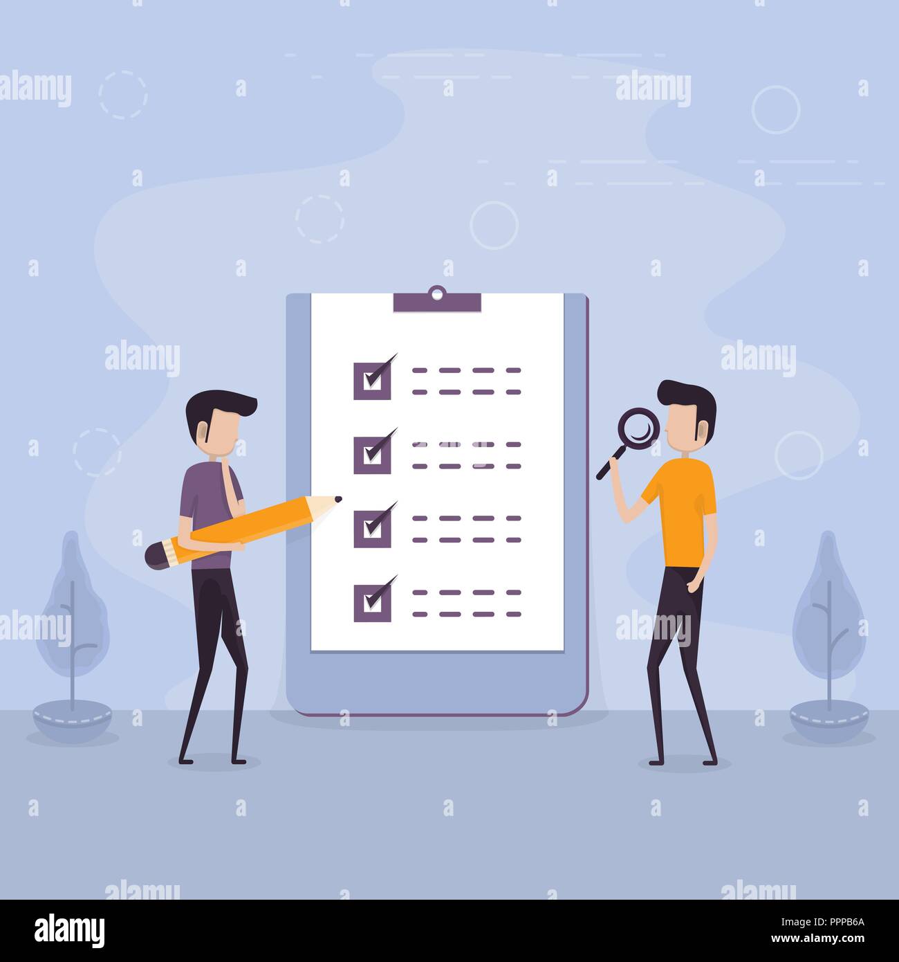 Businessmen holding giant pencil & magnifying glass with big complete ...