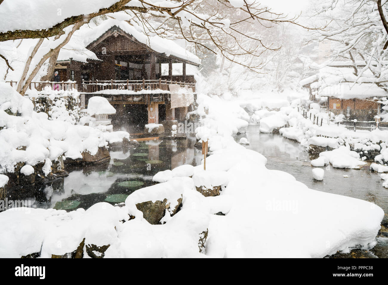 beautiful outdoor hot spring under havy snow, Takaragawa onsen, Gunma ...
