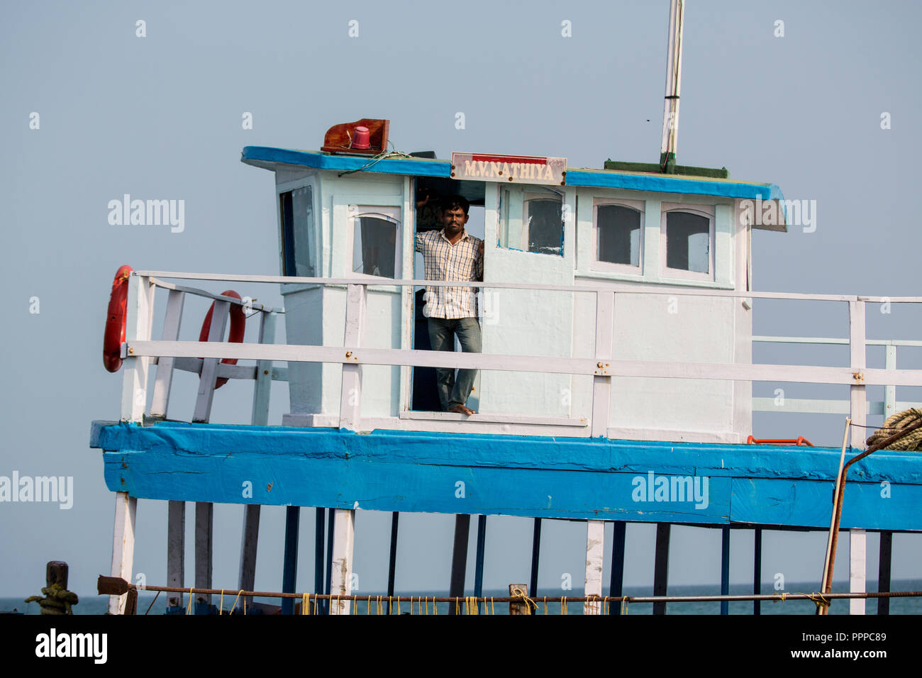 Ferry boat white cabin with windows. Wing of running bridge of cruise ...