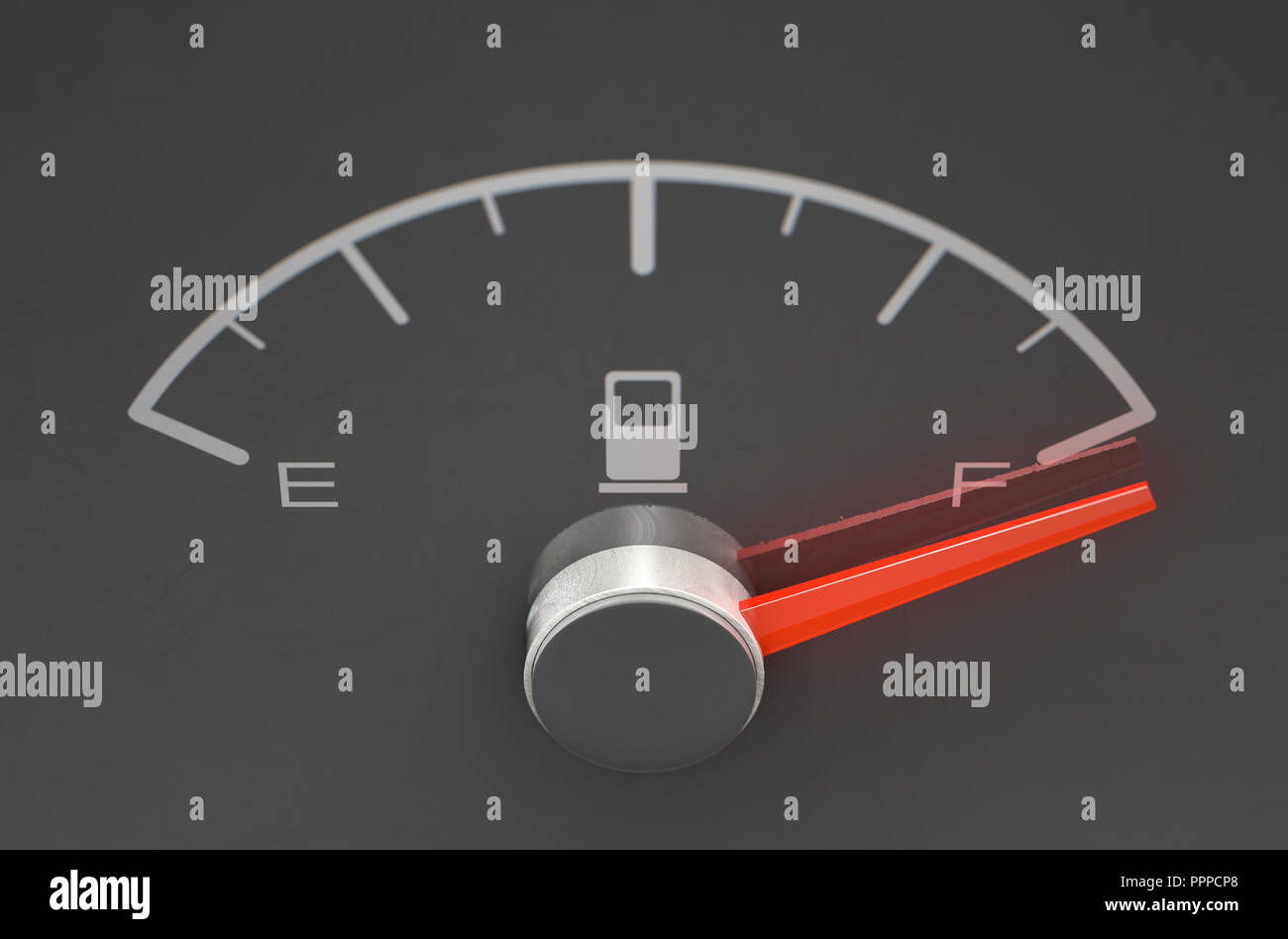 A closeup of a petrol gas gage showing the needle at full on a dark ...