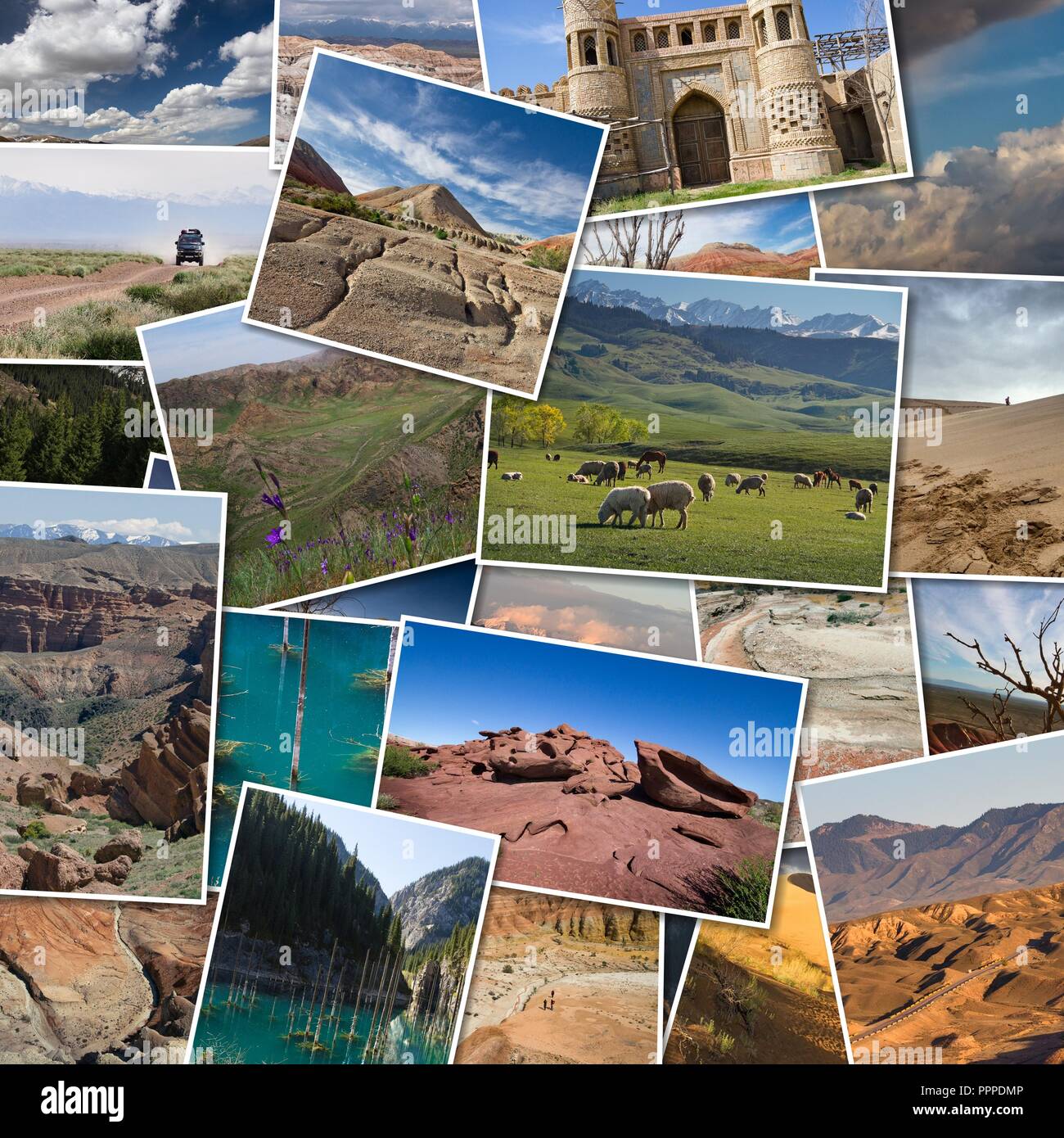 Collage of photos of landscapes of Kazakhstan. Mountains, rivers ...