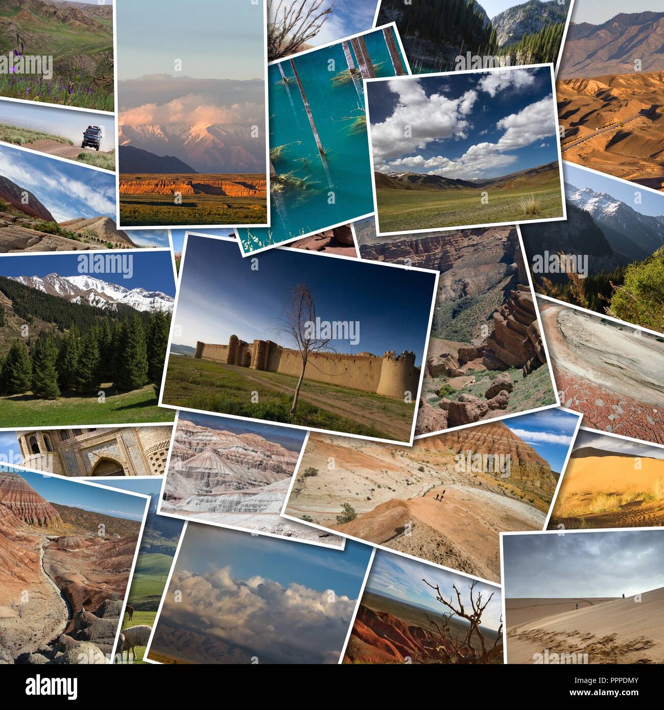 Set of photos of Kazakhstan lying on the table. Collage of photos of ...