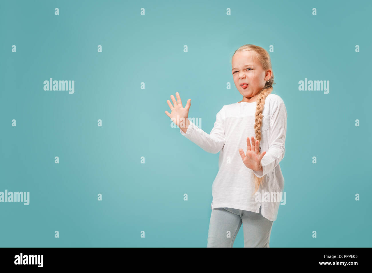 Reject, rejection, doubt concept. Young emotional teen girl at studio ...