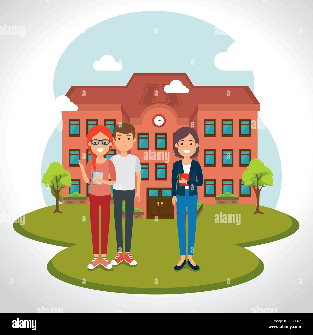 young students with school facade scene vector illustration design ...