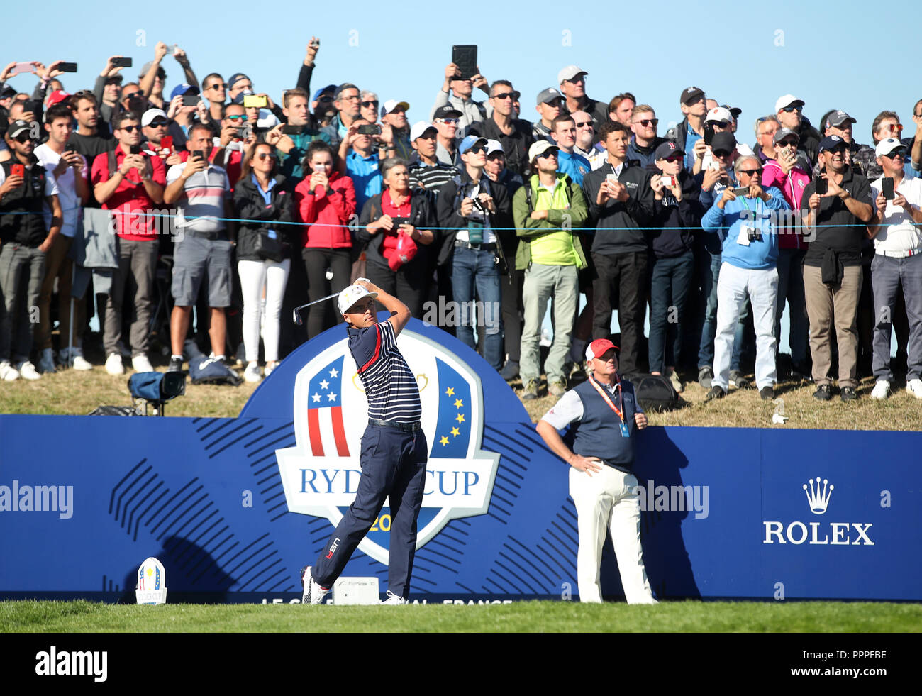 Team USA's Rickie Fowler tees off the 2nd during preview day four of ...