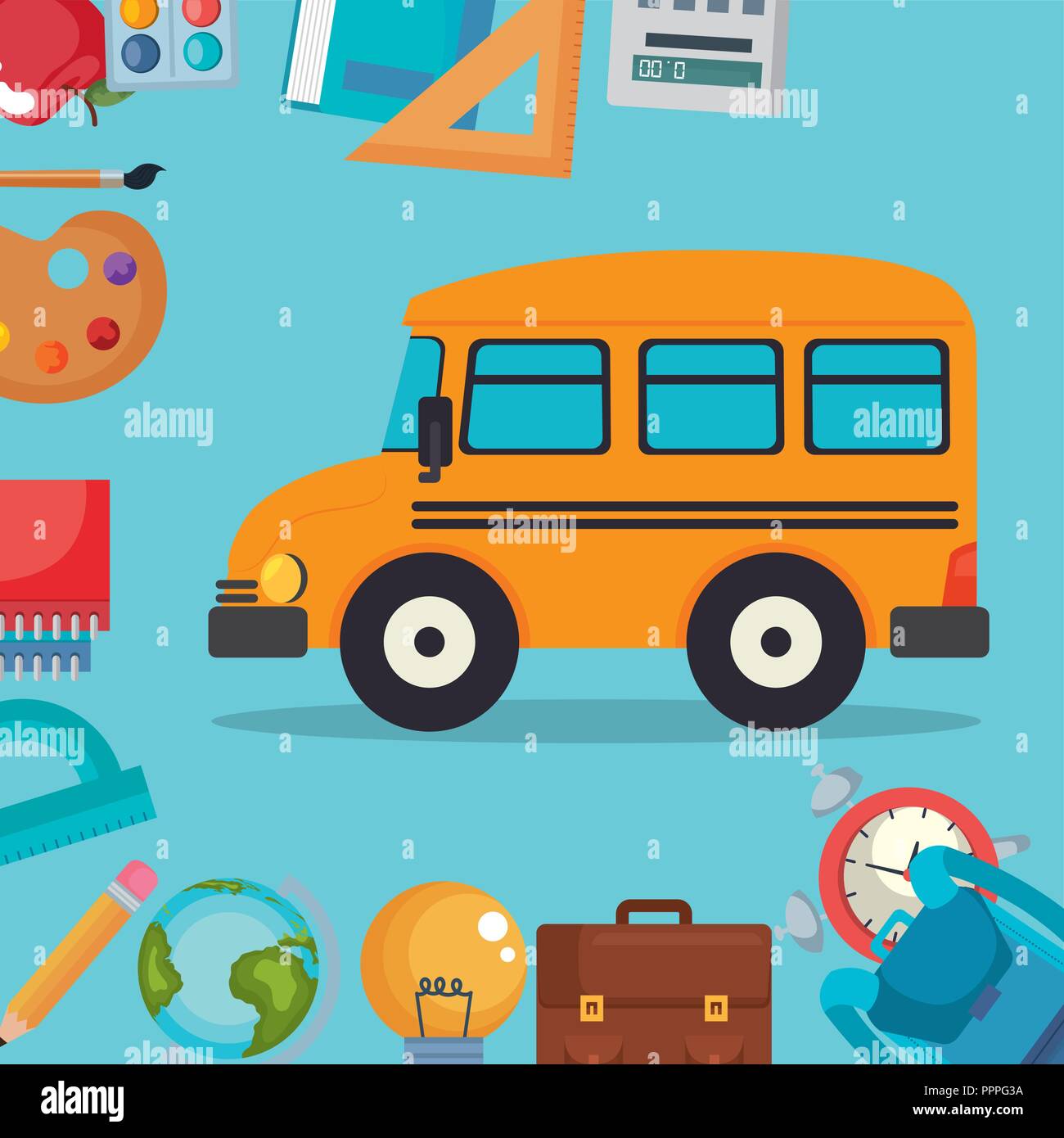 bus with school supplies Stock Vector Image & Art - Alamy