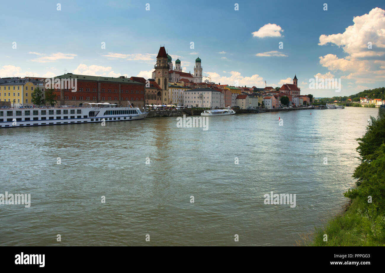 Overlooking city center of Passau over the river Donau. Dominant ...
