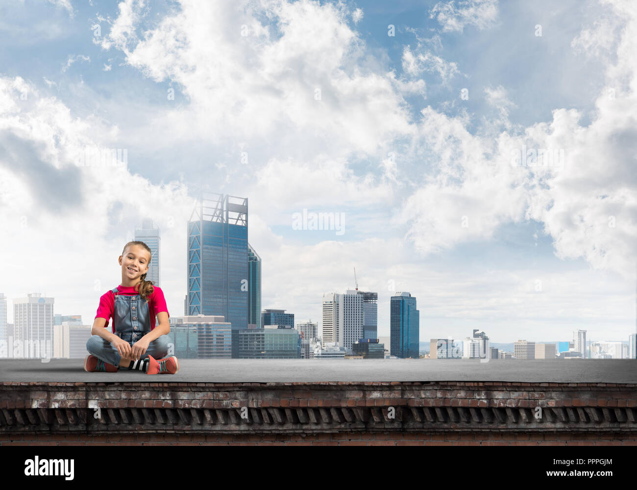 Concept of careless happy childhood with girl of school age smilling ...