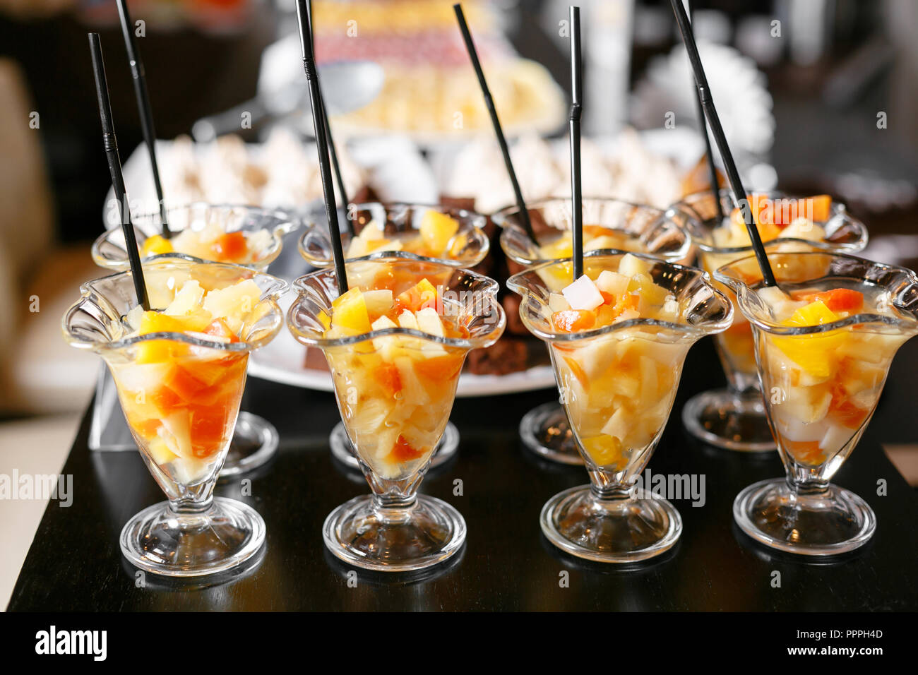 Dessert with pieces of fruit. Morning hotel breakfast buffet. Dessert ...