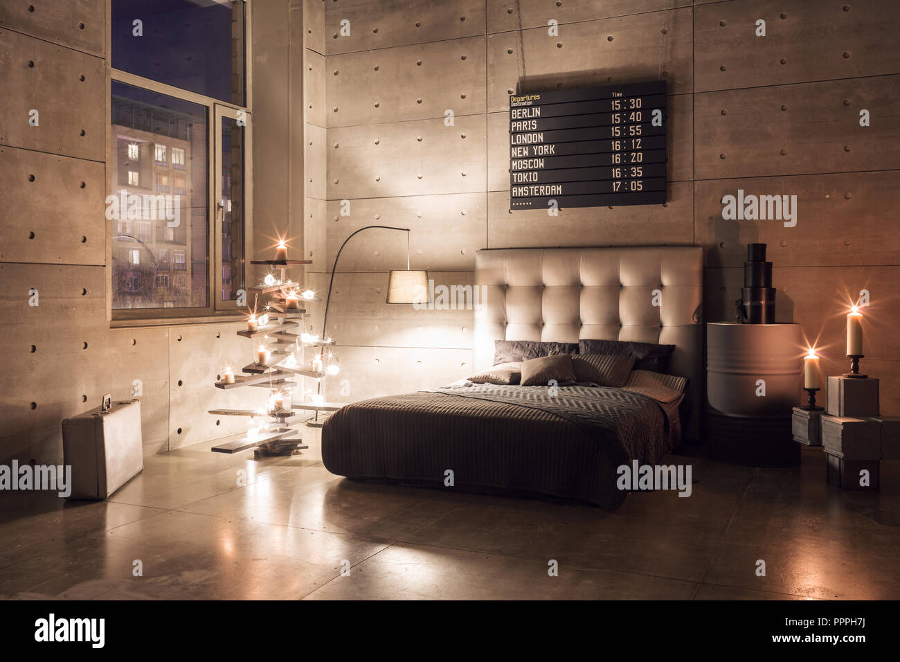 Modern empty bedroom in loft style with grey colors and wooden hand ...
