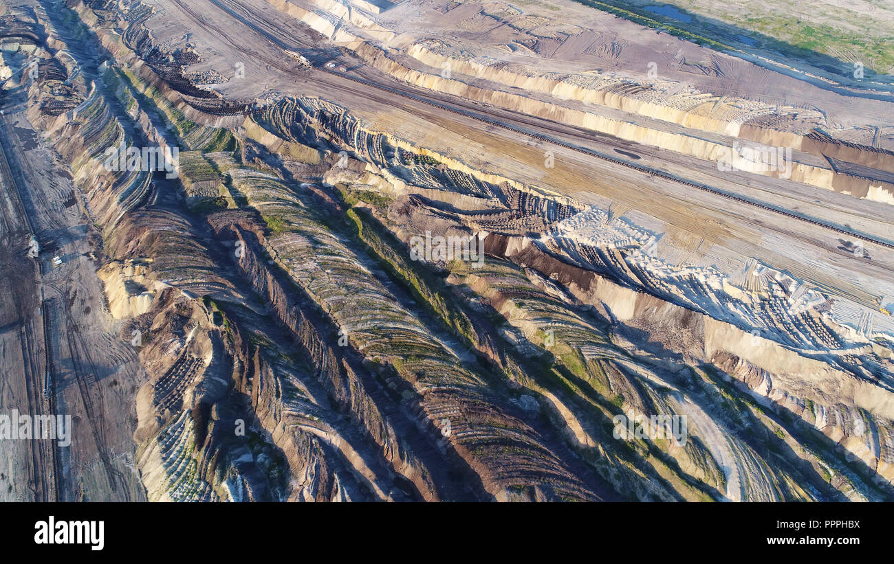 Geological structures on open pit coal mine - aerial wiev Stock Photo ...