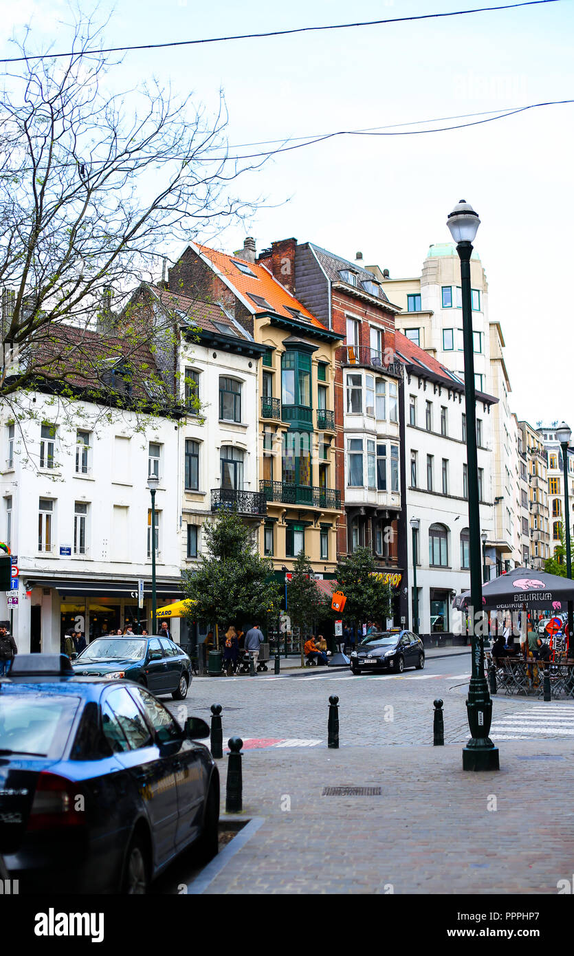 BRUSSELS, BELGIUM - MAY 04, 2018: belgian buildings and cars near ...