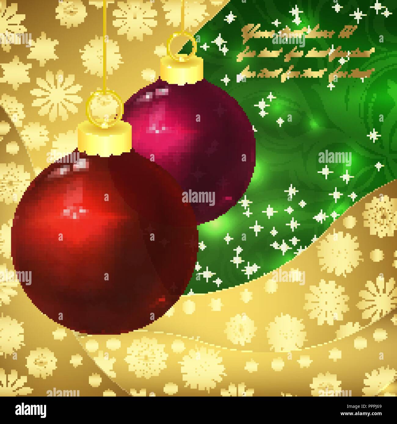 Glass balls, golden snowflakes and frosty patterns on a bright ...