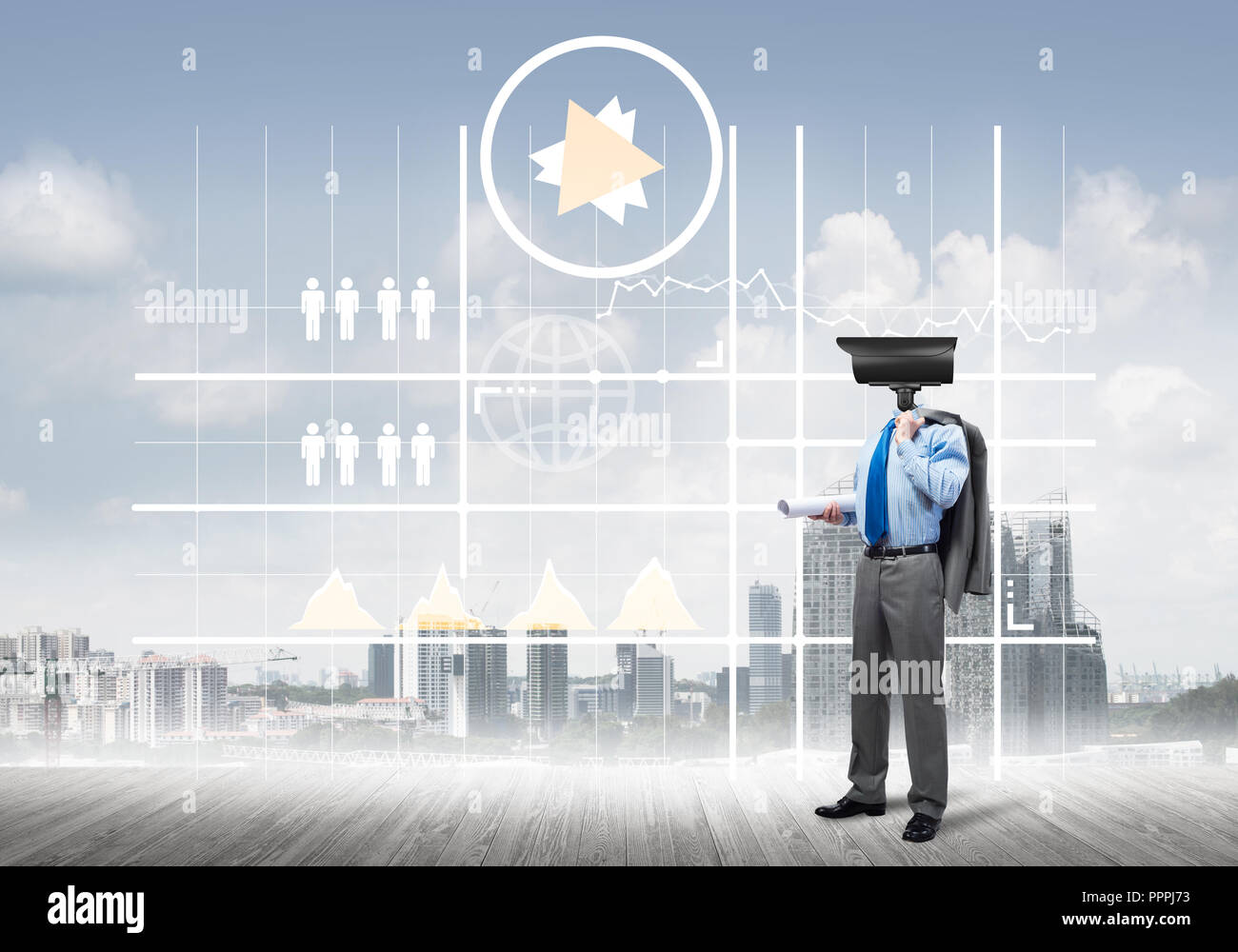 Camera headed man standing on wooden floor against modern cityscape ...