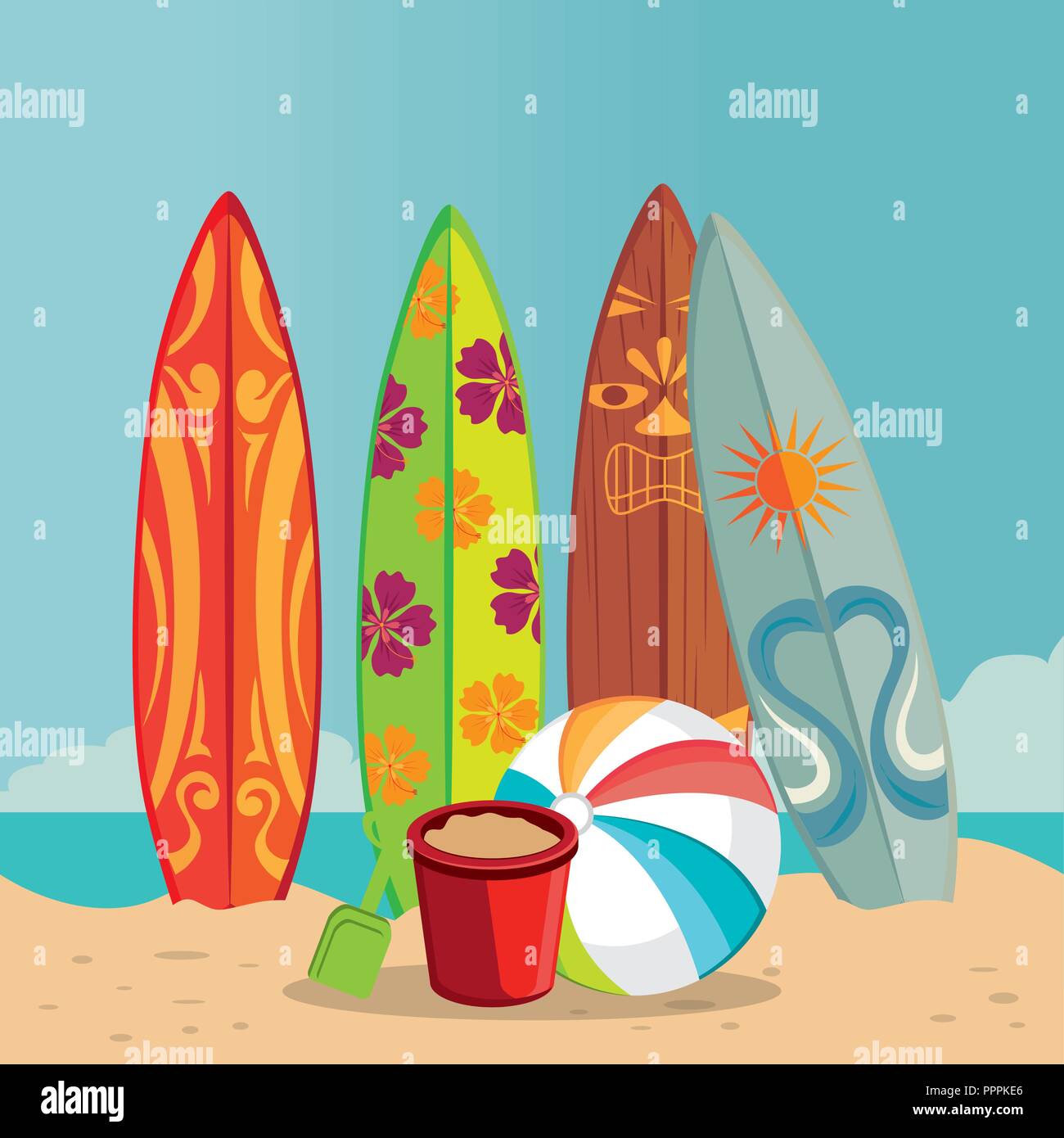beach landscape with surf boards scene Stock Vector Image & Art - Alamy
