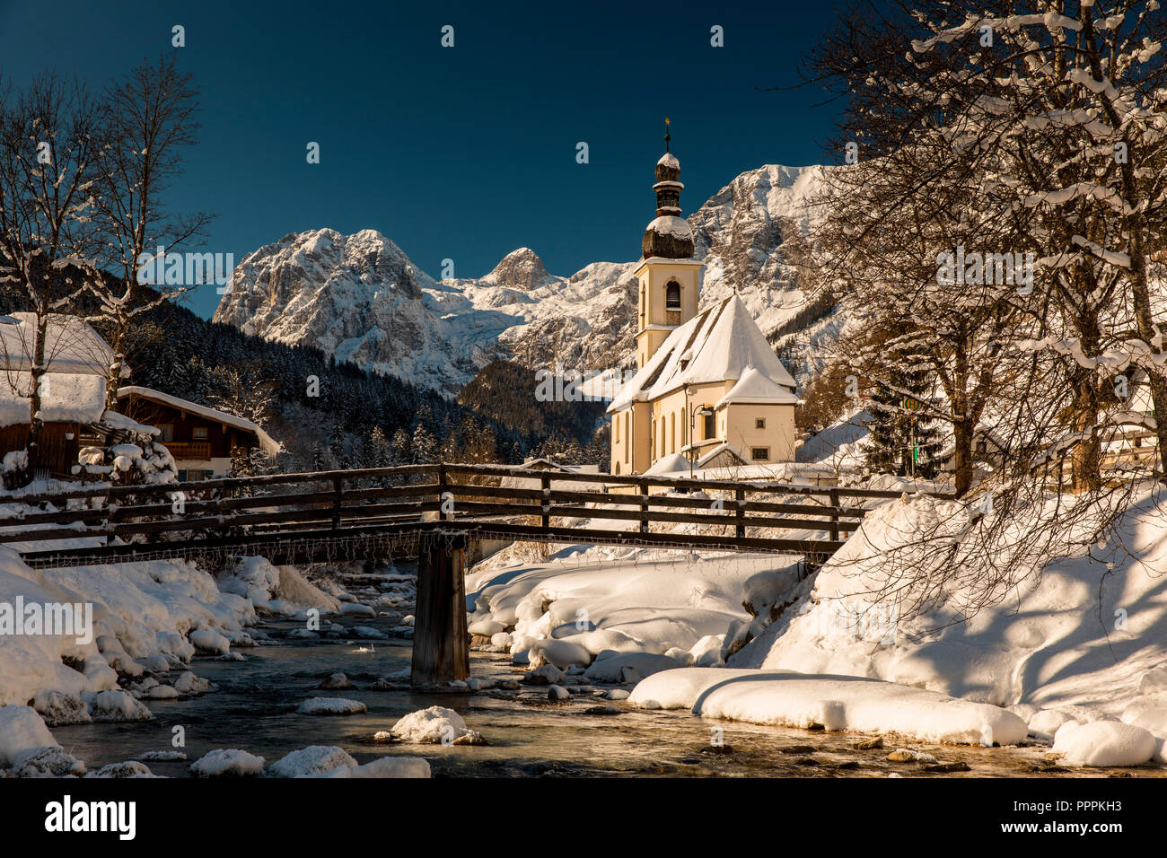Parish church St. Sebastian, Ramsauer Ache, Winter, Ramsau ...