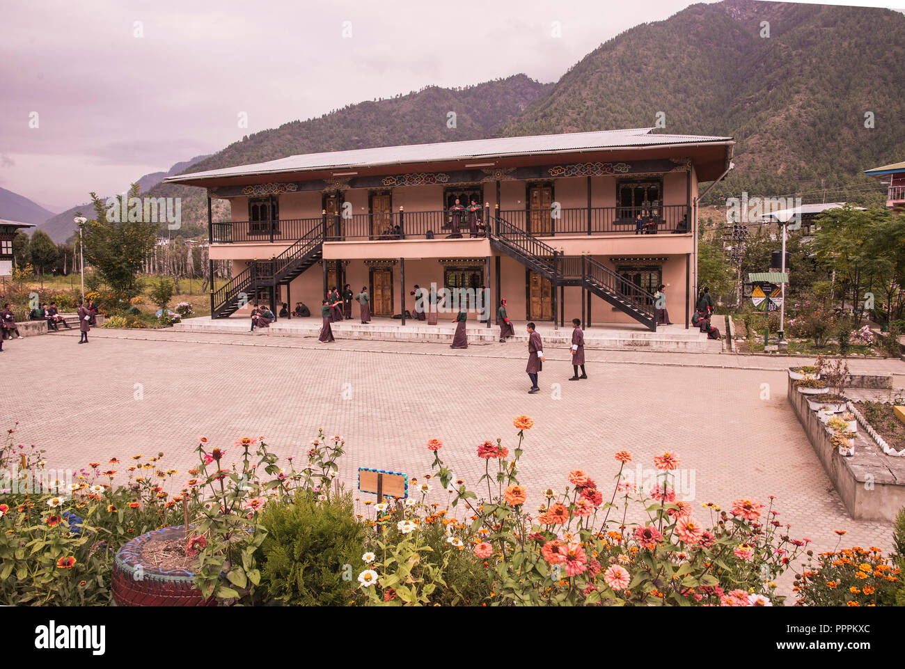 Bhutan school,boys,girls,stroll,before shool started, located,in scenic ...