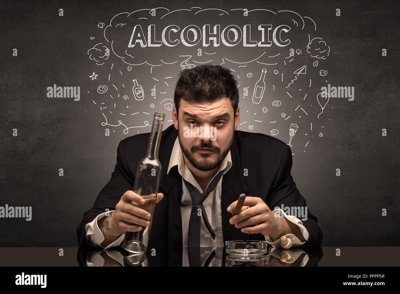 Loser drunk man with drinking, drug, hangover, alcoholic drugs concept ...