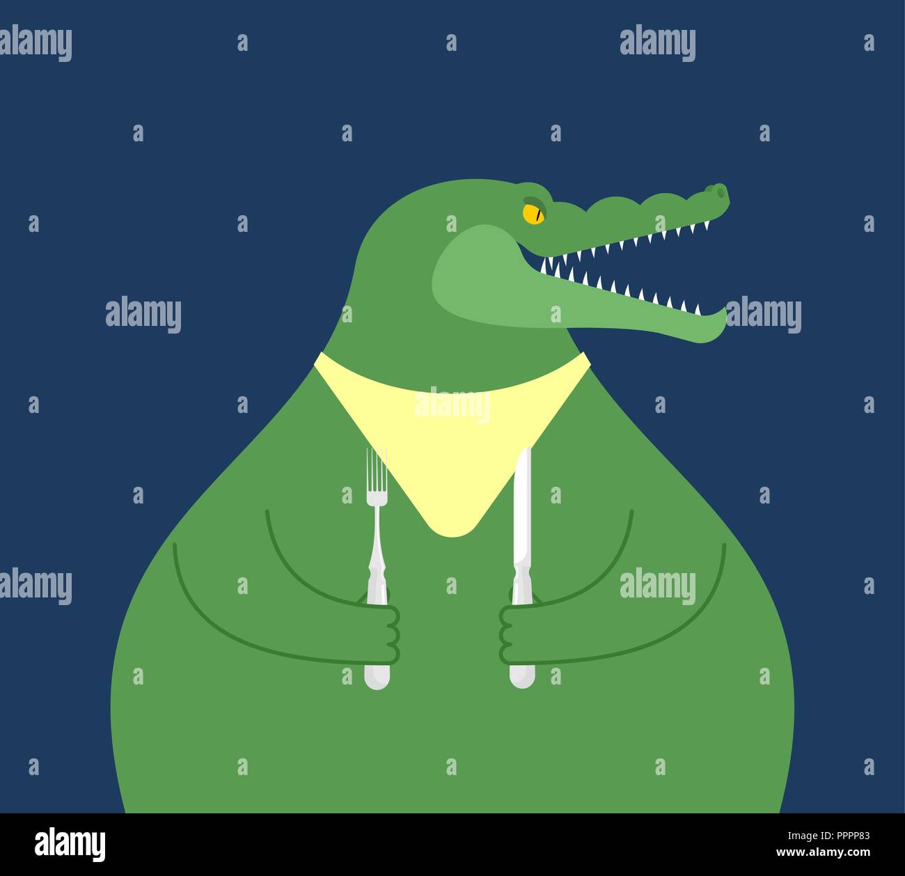 Crocodile with spoon and fork dinner. Hungry alligator Vector ...
